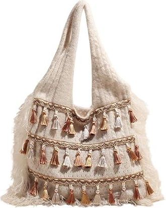 Generic Sac &agrave; bandouli&egrave;re en tricot &agrave; pompons style ethnique boh&egrave;me pour femme, travail, shopping, voyage, quotidien, blanc, 370*20*300mm