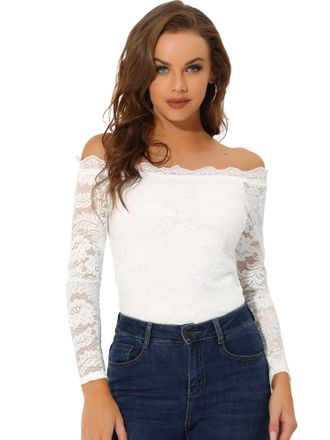 Allegra K Damen Off Shoulder Spitzenbluse Langarm Schulterfrei Oberteil Blumen Transparent Carmenbluse Elegant Top Trachtenbluse Wei&szlig; XS