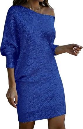 Generic Mini robe asym&eacute;trique &agrave; paillettes &agrave; &eacute;paules d&eacute;nud&eacute;es pour femme - Robe de soir&eacute;e formelle &agrave; paillettes, bleu, 3XL