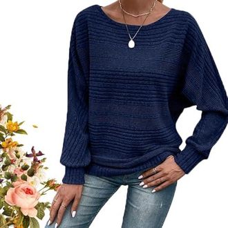 Generic Inaugureate Pull doux et solide à manches chauve-souris pour femme, haut inaugustine décontracté à col rond (bleu marine, S)