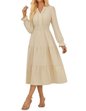 Grace Karin Robe de loisirs boh&egrave;me pour femme - Col en V - Volants - Taille &eacute;lastique - Robe midi, Abricot, M