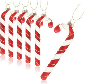 Com-Four 6X Christbaumanhänger Zuckerstange - Christbaumschmuck zum Anhängen - Weihnachtskugel in Zuckerstangen-Form (rot/weiß/goldfarben Glas - 6 Stück)