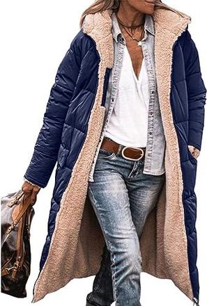 ORANDESIGNE Femme Chauds Manteaux Dhiver Réversible Sherpa Polaire Longues Vestes Bouffantes à Capuche Vêtements Dextérieur A Marine XXL