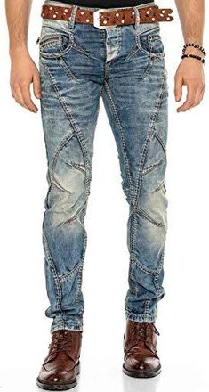 Cipo & Baxx Jean pour homme : pantalon en jean confortable coupe droite avec coutures contrastées distinctives, pantalon de loisirs durable pour homme au design m