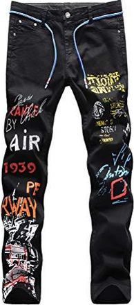 TOMWELL Pantalon en Denim Extensible en Coupe fuselée Jeans Déchiré Homme Pantalon en Denim Serré Trou Biker A Noir 3XL