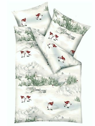 JACK by Kaeppel Fein Biber Bettwäsche 2 TLG. 135x200cm Schneewichtel Silber Berge Bäume Schnee Grün Weiß Rot