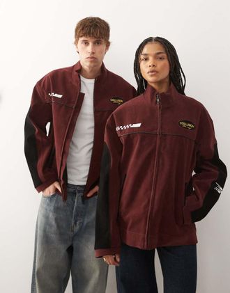 Collusion Unisex - Sportjacke aus Wildlederimitat in Burgunderrot und Schwarz