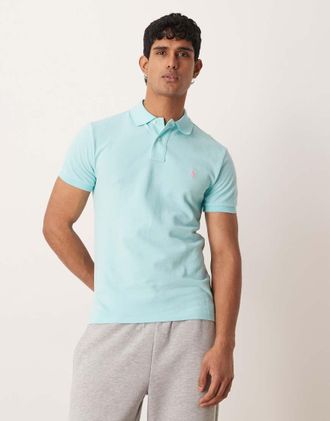 Polo Ralph Lauren Pikee-Polohemd in Aqua-Blau mit schmalem Schnitt und Markenlogo