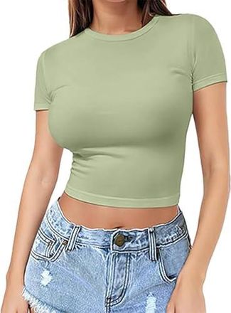 Generic T-shirt pour femme - Coupe ajust&eacute;e - Col rond - Manches courtes - Couleur unie - Basique - Extensible - Hauts - Coupe ajust&eacute;e - T-shirt d&eacute;contract&eacute; - 