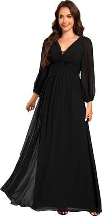 Ever-pretty Robe de Soirée Femme Col V Manches Longues Plis A Line pour Invités Chic Noir 54