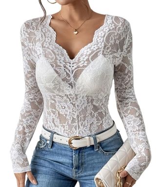 ORANDESIGNE Damen Bluse Elegant V-Ausschnitt Langarm Tshirt Sexy Spitze Langarmshirt Blumenmuster Mesh Sheer Transparente Netz Oberteile Leicht Tunika Tracht Spit