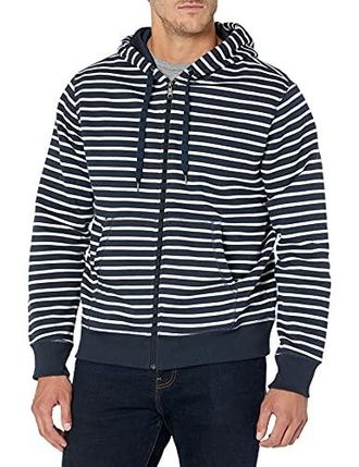 Amazon Essentials Sweat à Capuche en Polaire avec Fermeture Éclair intégrale (Grandes Tailles Disponibles) Homme, Bleu Marine Blanc Rayures, L
