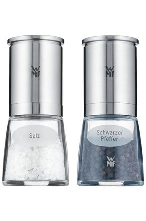 WMF De Luxe Salz und Pfefferm&uuml;hle Set 2-teilig, bef&uuml;llt, Cromargan Edelstahl, Glas, Grinder, stufenose Einstellung der Mahlst&auml;rke, Keramikmahlwerk, M&uuml;hle 