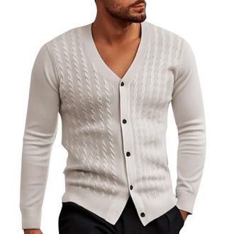 Generic Cardigan tricot&eacute; pour homme avec col en V et boutons - Couleur unie - Manches longues - Coupe ajust&eacute;e - Chaud et confortable - Automne et hiver - Avec