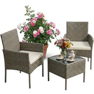 Relaxdays Relaxdays ensemble mobilier jardin 3 pi&egrave;ces salon en rotin 2 personnes 2 fauteuils & table verre lounge ext&eacute;rieur gris