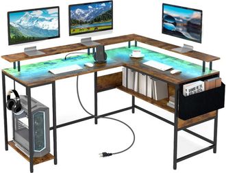 Costway Costway - Bureau Gaming en Forme de l avec Lumières led et Prises de Courant, Bureau dOrdinateur dAngle avec Support pour Moniteur,, Marron