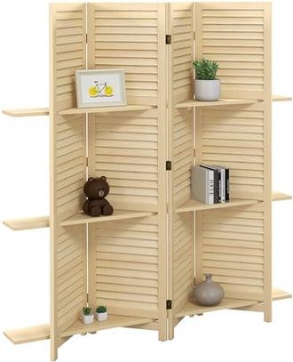 HOMCOM Paravent int&eacute;rieur en Bois 4 Panneaux 160 x 170 cm, s&eacute;parateur de pi&egrave;ce Pliable avec 3 &eacute;tag&egrave;res, cloison de s&eacute;paration pour Salon, Chambre &agrave; Coucher, 