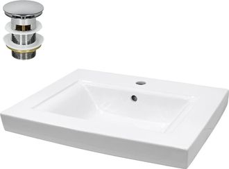 ECD Germany Waschbecken Waschtisch 605x465x160 mm Keramik Weiß inkl Ablaufgarnitur mit Überlauf Einbaubecken Einbauwaschbecken Handwaschbecken Einbauwaschtisch Au