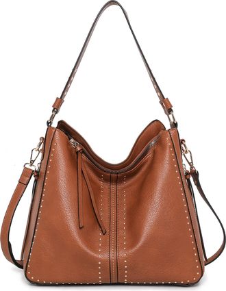 Montana West Hobo Handtasche f&uuml;r Damen, gro&szlig;e Geldb&ouml;rsen und Handtaschen mit Nieten und Crossbody-Gurt, Braun, Large