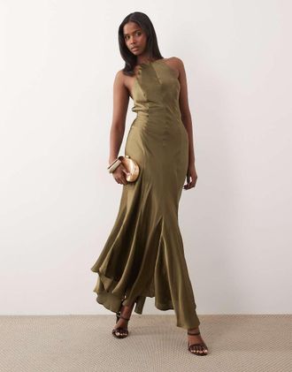 Asos Robe longue &agrave; bretelles fines et surpiq&ucirc;res avec dos ouvert - Kaki doux-Jaune