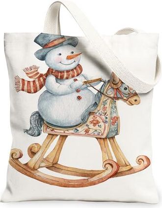 Generic Sacs fourre-tout fantaisistes en toile, mignon bonhomme de neige &agrave; cheval imprim&eacute; sacs de courses r&eacute;utilisables, sacs de courses vintage, ludiques, l&eacute;