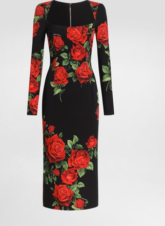 Dolce & Gabbana Midikleid Aus Charmeuse Mit Rosenprint - Frau Kleider Mehrfarbig 46