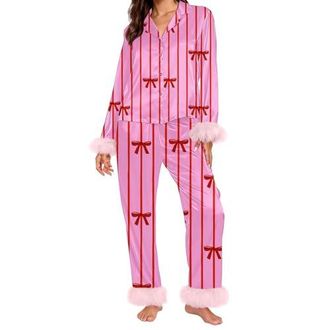 Generic Ensemble de pyjama en satin pour femme - V&ecirc;tement de nuit imprim&eacute; coeur - Haut et pantalon boutonn&eacute;s - Tenue 2 pi&egrave;ces - Pyjama en soie doux et confort