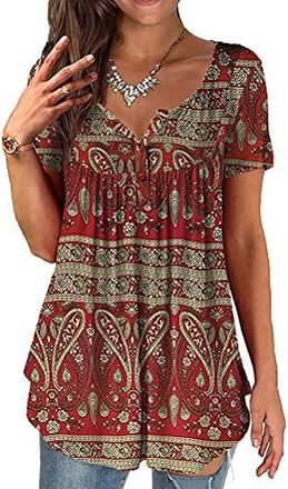 ORANDESIGNE T-Shirt Femme Fleurs Col en V Haut Dété Décontracté Ample Grande Taille Tuniques Hauts Chemise Longue Chemisier Surdimensionné Haut à Manches Courtes 