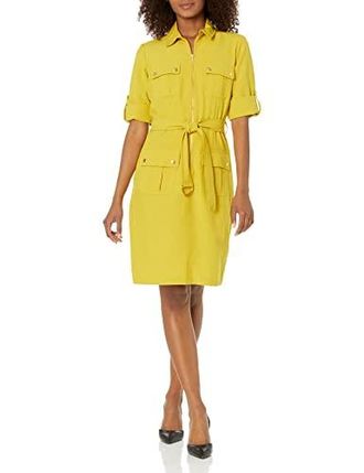 Sharagano Robe Chemise à Manches Courtes avec Poches Avant décontractée, Feuille de Laurier, 42 Femme