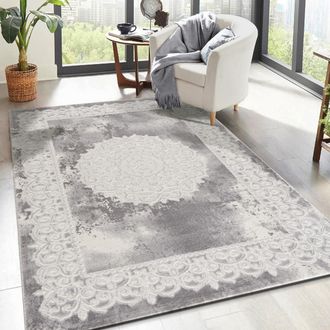 Sanat Hali Teppiche für Wohnzimmer - Teppich Grau, Kurzflor Orientteppich, Öko-Tex 100 Zertifiziert, Größe: 80x150 cm