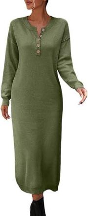 Generic Robes amincissantes douces surdimensionn&eacute;es avec boutons sur le devant et col en V et manches longues pour femme, Vert, XL