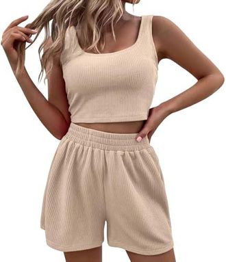 Generic Ensemble 2 pi&egrave;ces de short d&eacute;t&eacute; pour femme avec haut &agrave; manches courtes et short, beige, M