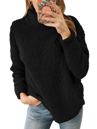 Onsoyours Damen Sweatshirt Warm Weich Pullover Flauschig Teddy Fleece Winterpullover Sweater Langarm Herbst Winter Einfarbig Rollkragen Oberteil Pulli A Schwarz