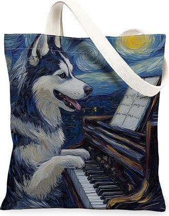 Generic Alaskan Malamutes Sac fourre-tout en toile r&eacute;utilisable pour faire du shopping 33 x 38,1 cm, motif piano &eacute;toil&eacute;, sac d&eacute;picerie r&eacute;utilisable pour femme
