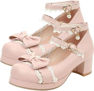 BESTONZON Chaussures Lolita Femme &agrave; Talon Carr&eacute; &Eacute;pais Bout Rond en Mati&egrave;re Respirante Rose Taille 40 Noeud Noeud et Dentelle Chaussures Cosplay et Uniforme Jk A