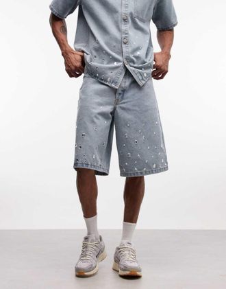 Liquor & Poker Jeans-Jorts in hellblauer Waschung mit Strassverzierung, Kombiteil