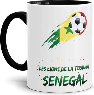 Tassendruck Fussball-Tasse mit Spruch - Les Lions de la Teranga - Innen & Henkel Schwarz Fahne/L&auml;nderfarbe/WM 2018/Senegal/Weltmeisterschaft/Cup/Tor/Qualit&auml;t Made