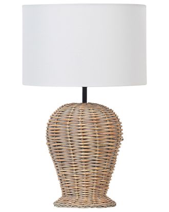 Beliani Tischlampe Rattan nat&uuml;rlich Vasenform mit Stoffschirm wei&szlig; Schalter Boho Furelos