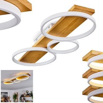 HOFSTEIN LED Deckenleuchte Rodekro, dimmbare Deckenlampe aus Metall/Holz in Weiß/Natur, über herkömmlichen Lichtschalter dimmbar, moderne Leuchte mit Holzbalke