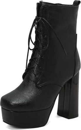 Generic Bottines dhiver doubl&eacute;es de fausse fourrure pour femme - Lacets et fermeture &eacute;clair lat&eacute;rale - Plateforme - Bout carr&eacute; - Talon bloc - Chaussures d&eacute;con