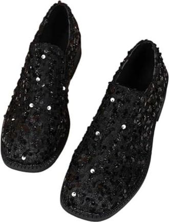 Generic Mocassins &eacute;l&eacute;gants &agrave; enfiler pour femme, chaussures &agrave; paillettes noires &agrave; paillettes avec talon &eacute;pais, chaussures habill&eacute;es confortables pour f&ecirc;te, ma