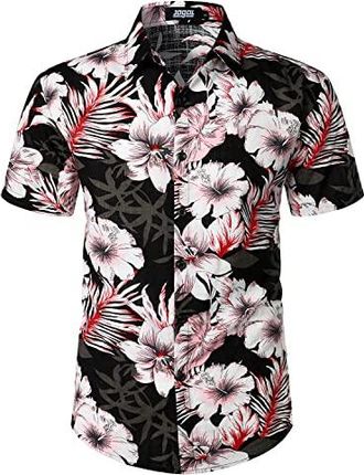 JOGAL Chemise hawaïenne, décontractée, à manches courtes, pour homme, motif floral, noir/gris, XXXL