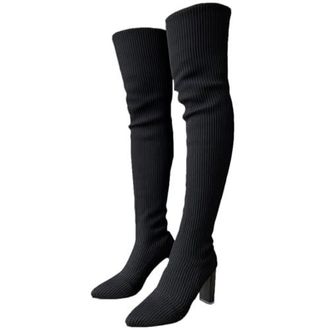 Generic Bottes hautes serrées à plateforme pour femme, bottes au-dessus du genou pour femme, bout pointu au-dessus du genou, talon mi-épais, extensibles, anti