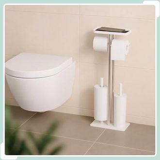 Relaxdays WC-Garnitur, Edelstahl, Ablage & Rollenhalter, freistehend, 3 in 1, HBT: 77x30x15cm, Toilettenbutler, weiß