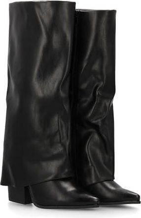 Shoes & Blues Botte haute à talon pour femme au design moderne avec finition effet ondulé, élégante avec pointe fine et talon large bas, idéale pour la saison autom