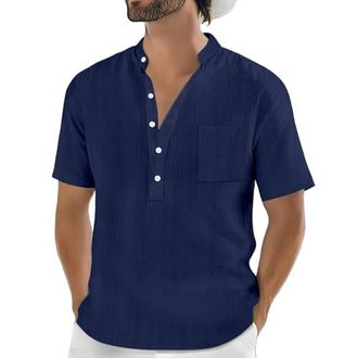 Generic Chemise en coton et lin pour homme - Hauts de sport 2026 - D&eacute;contract&eacute; et tendance - Couleur unie - Noeud imitation lin - T-shirt ample &agrave; manches cour