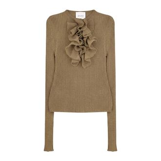 Nude Rundhals-Pullover mit R&uuml;schenbesatz - - Knitwear - Damen - Gr&uuml;n - L
