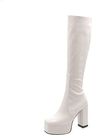 E.SSUE Femme Haut Boots PU Bottes Cavali&egrave;re &agrave; Talons Botte Indiennes Cuissardes Bottes Mollets Larges Femme Plates Montantes Bottines Talon Plat Chukka Boots