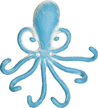 Relaxdays Wandhaken Oktopus, 6 Garderobenhaken, Gusseisen, HBT 16,5 x 15,5 x 4 cm, antiker Schlüsselhaken, hellblau/weiß