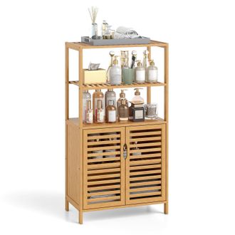 Giantex Badezimmerschrank, Badschrank mit 2 offenen Ablagen & T&uuml;ren, 60 x 33 x 116 cm B&uuml;cherregal aus Bambus, Aufbewahrungsregal f&uuml;r Wohnzimmer, Arbeitszimmer